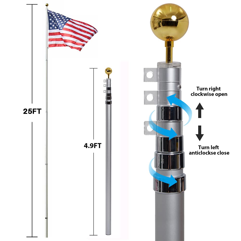 20/25ft Flag Pole Kit Heavy Duty Telescopic Aluminum Flagpole Outside ...